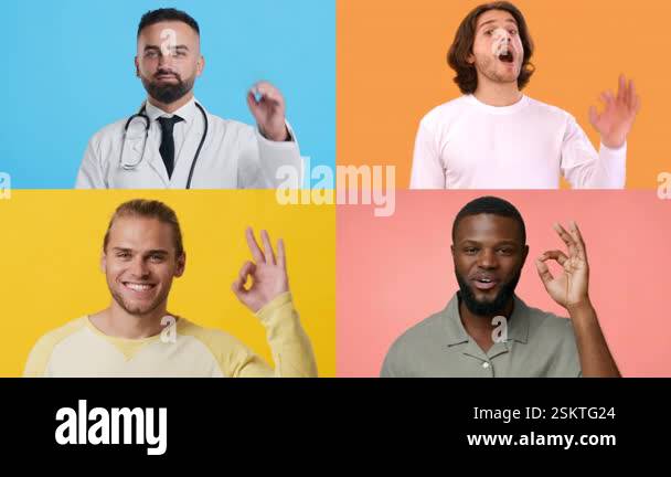 Four men from different backgrounds showcase a positive gesture ...