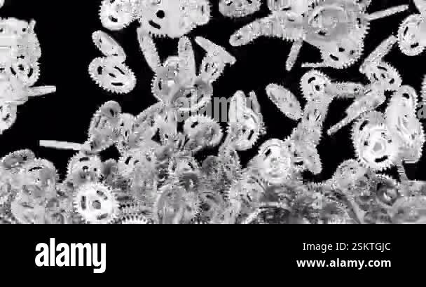Silver cogwheels, metallic gears falling and fill the screen. 3D ...