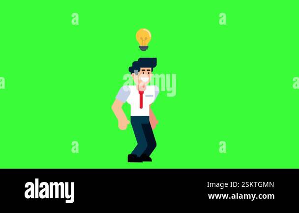 Animated video of a joyful businessman jumping as a light bulb appears ...