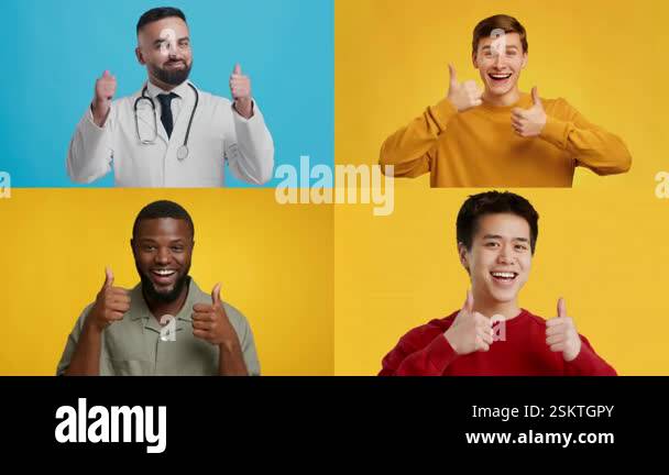 Four happy people of various backgrounds show positive gestures while ...