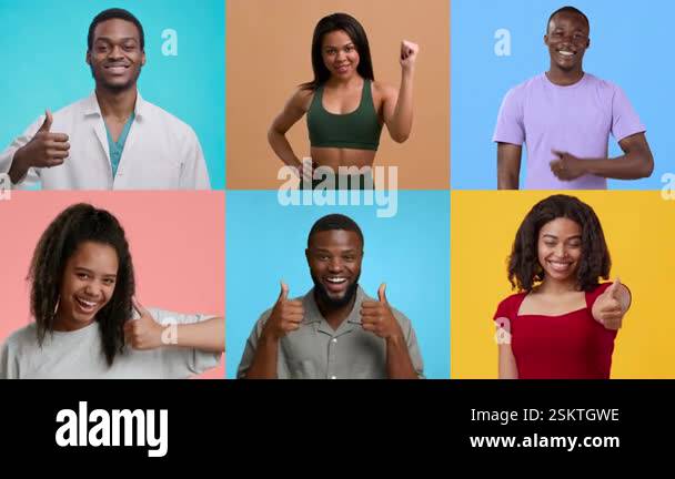 A diverse group of young people displays positive gestures with thumbs ...