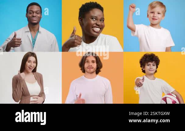 A cheerful array of people from various backgrounds express joy by ...