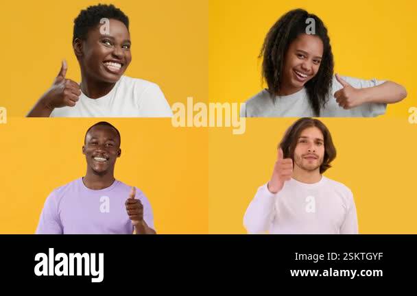 Four young adults, each showing a thumbs up with cheerful expressions ...