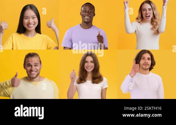 Six young adults from varied backgrounds display cheerful thumbs-up ...