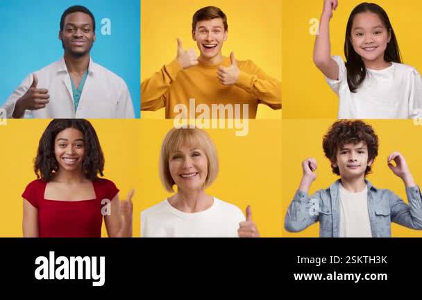 A cheerful gathering features individuals from various backgrounds expressing positivity with ...