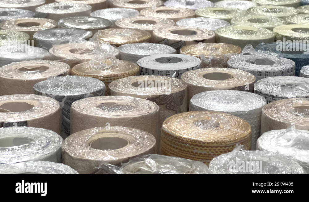 Rolls of wallpaper lined up in a DIY store. House renovation and ...