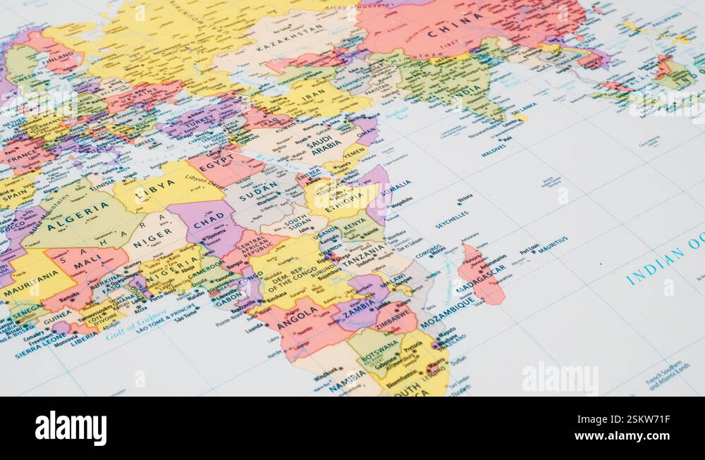 Close-up of the country word on a world map with the detailed name of ...
