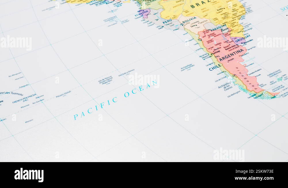 Close-up of the word Pacific Ocean on a world map with the detailed ...