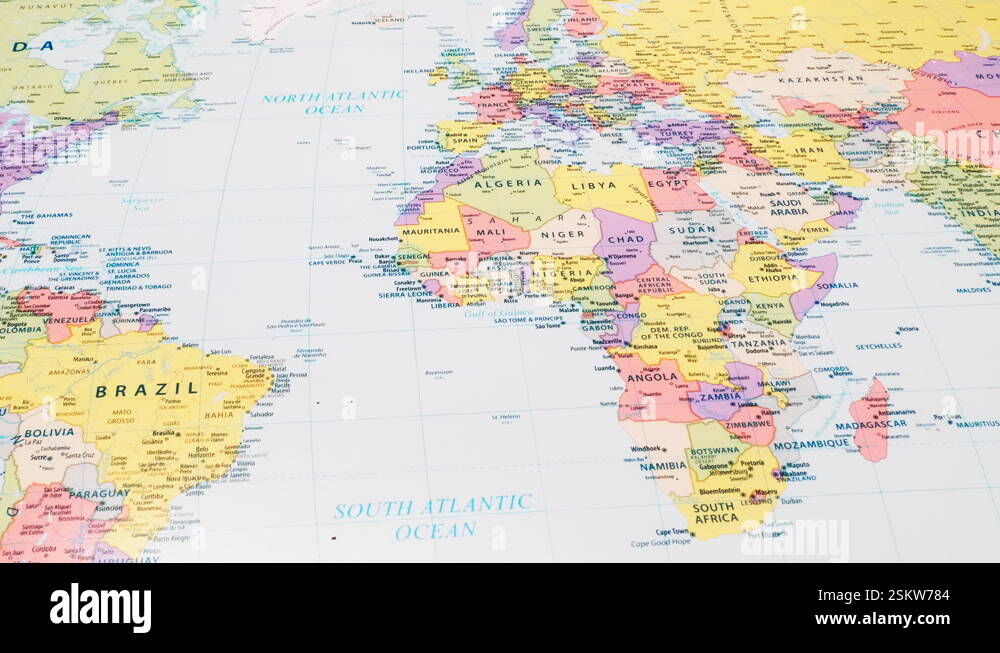 Close-up of the country word on a world map with the detailed name of ...
