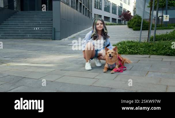 Teenage girl of Caucasian descent with dog sitting on urban sidewalk ...