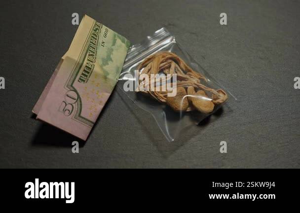 Table of drug dealer with Magic mushrooms in small bag. Psychedelic ...
