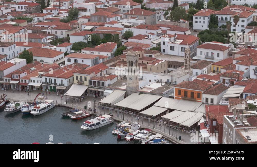 Overview of the famous church tower in Hydra island, Greece Stock Video ...