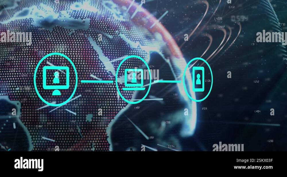 Animation of flowchart of icons over changing numbers and lines on globe against Stock Video ...