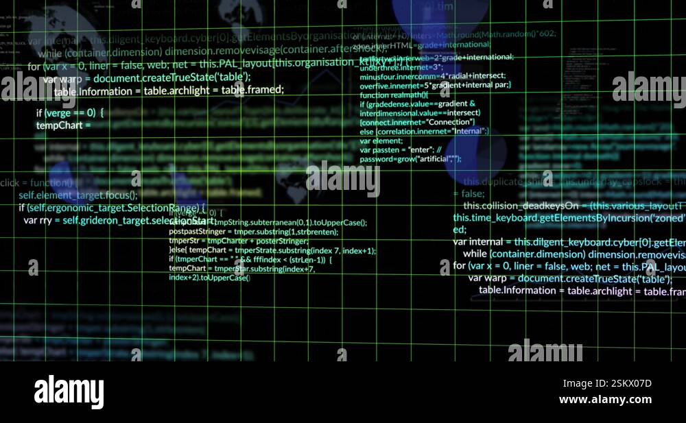 Animation of computer language, globe and graphs over black background ...