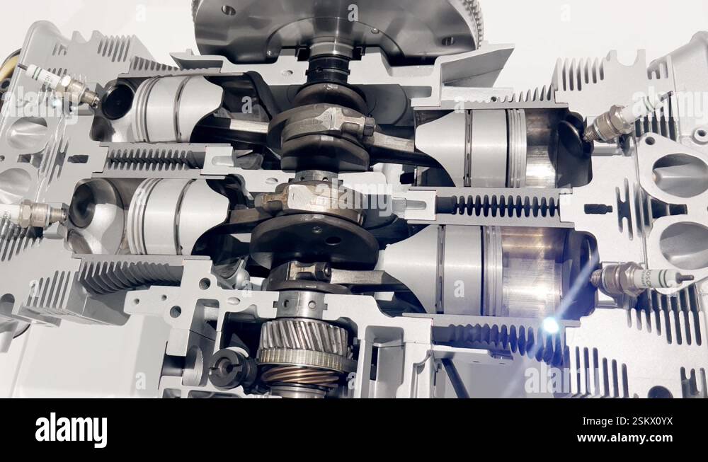 Car engine inside, piston ignition timing. Valve and crankshaft work ...