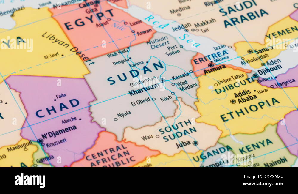 Close-up of the country word Sudan on a world map with the detailed ...