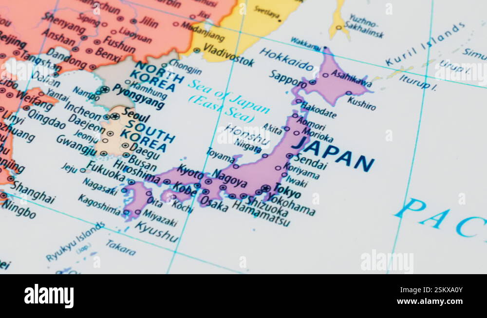Close-up of the country word Japan on a world map with the detailed ...