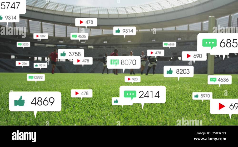 Animation of social media icons floating against team of diverse rugby ...