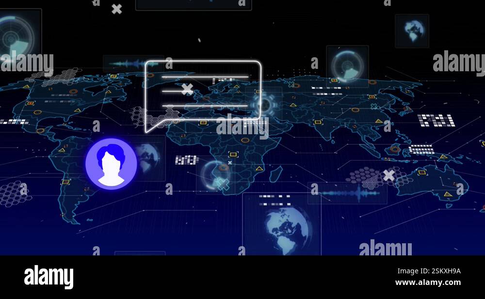 Animation of message box and profile icons, globes, radars and map over black Stock Video ...