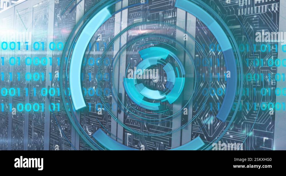Animation of loading circles and binary codes over circuit board pattern on data Stock Video ...