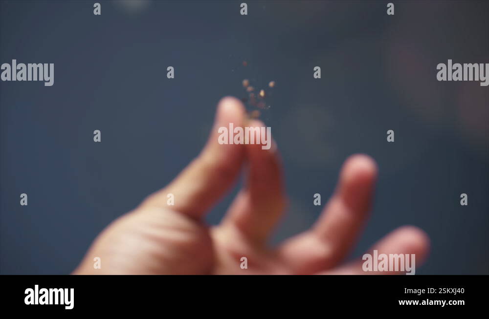 Chef's hand in slow motion sprinkling peppercorns on a dish, extreme ...