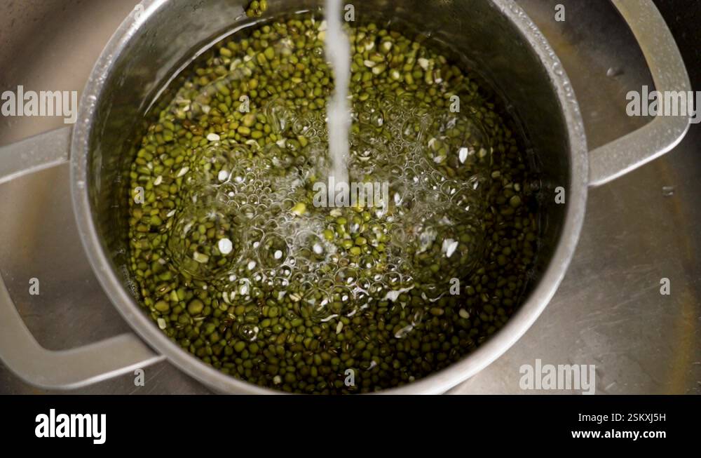 Cooking mung beans by pouring water into a steel pan Stock Video ...