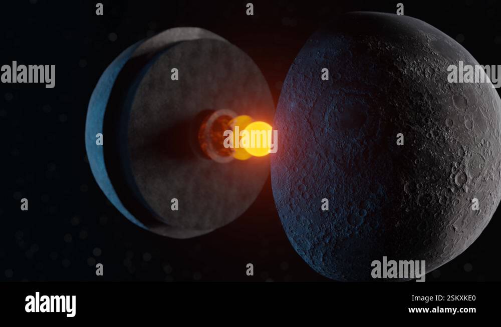 3D cross-section animation showing the Moon's interior, iron core ...