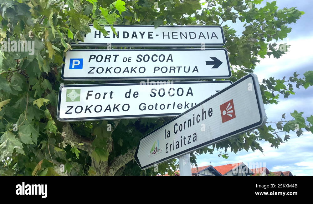 Bilingual french and basque road signs of the Port and Fort of Socoa in ...