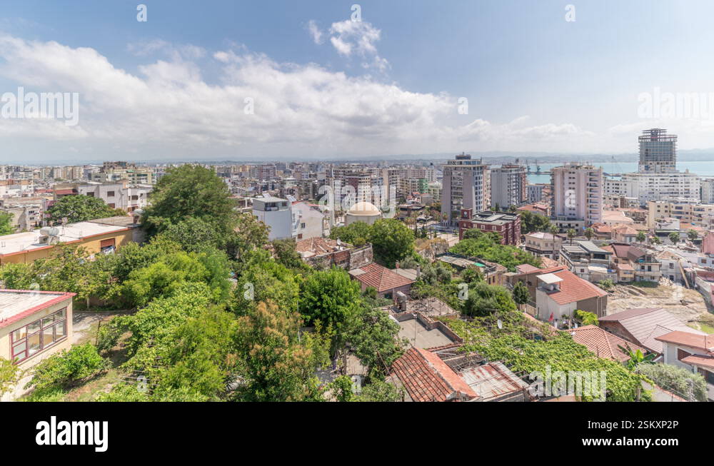 Panorama showing aerial view of city centre and the harbour of Durres ...