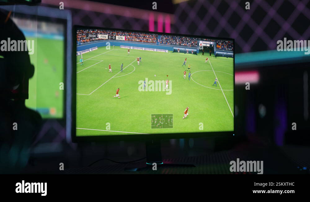 Animation of the football players passing the ball on the green pitch ...
