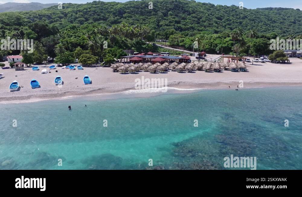 Playa El Quemaito beach, Barahona in Dominican Republic. Aerial lateral ...