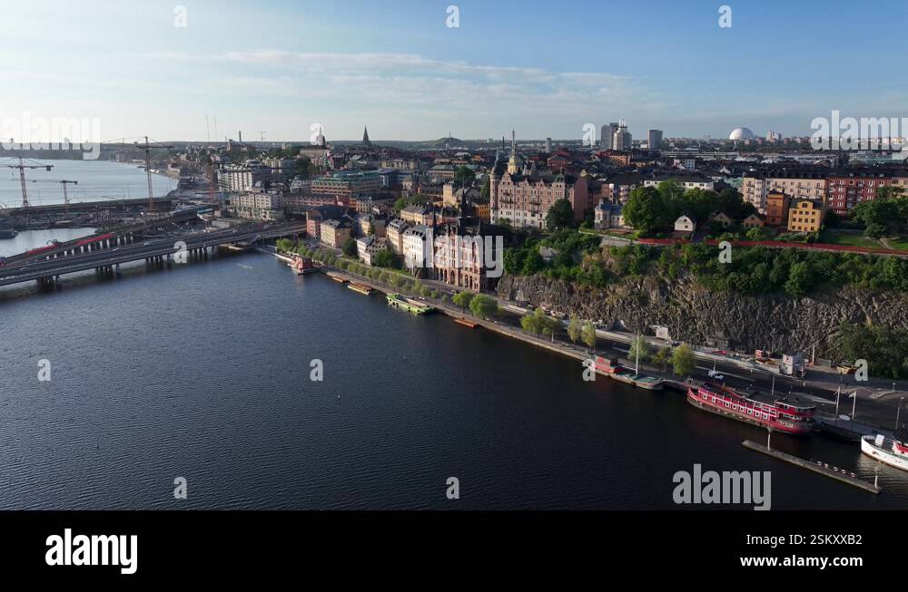 Aerial view of riverfront with promenade and historical landmarks Stock ...