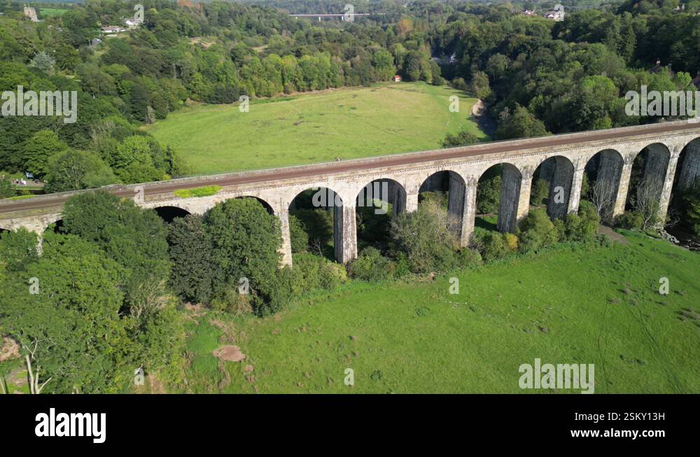 Chirk railway Viaduct - aerial drone reverse and anti-clockwise rotate ...
