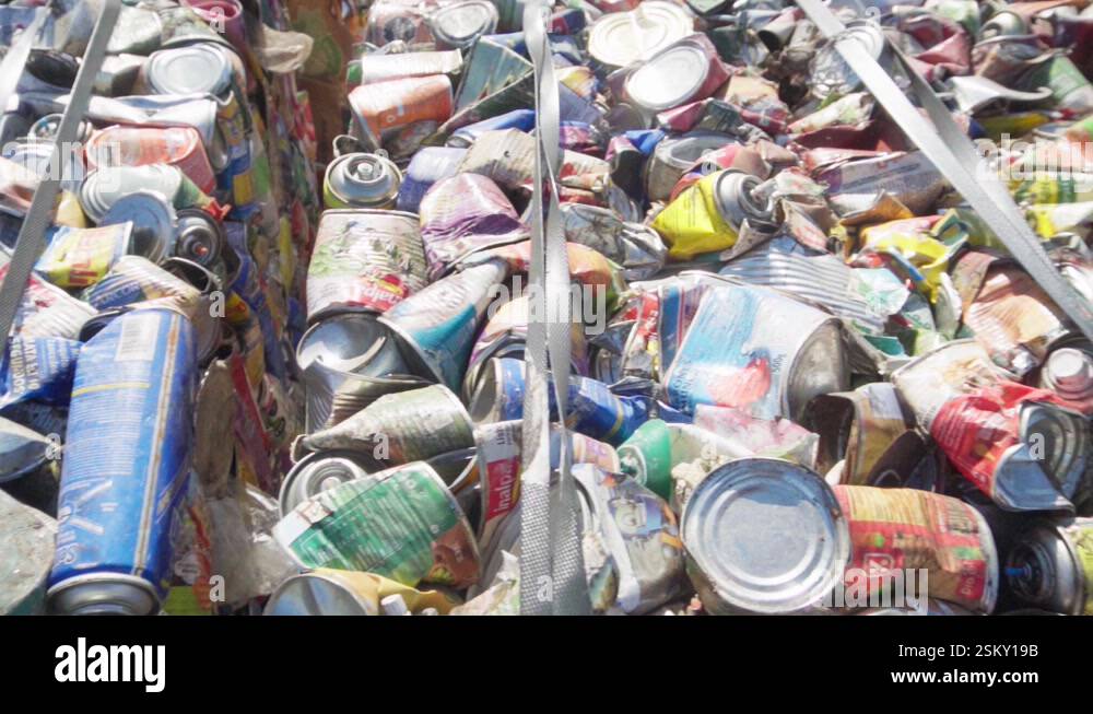 Close-up, top view of bales of aluminum cans compacted, ready for Stock ...