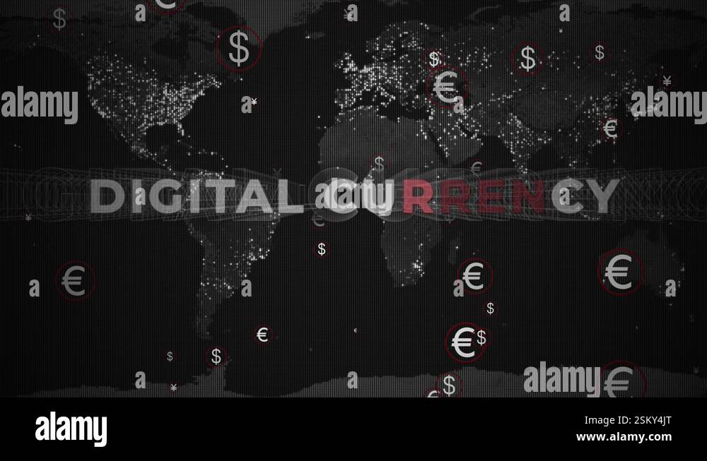 Digital currency text and money symbols on a world map background - 3D ...