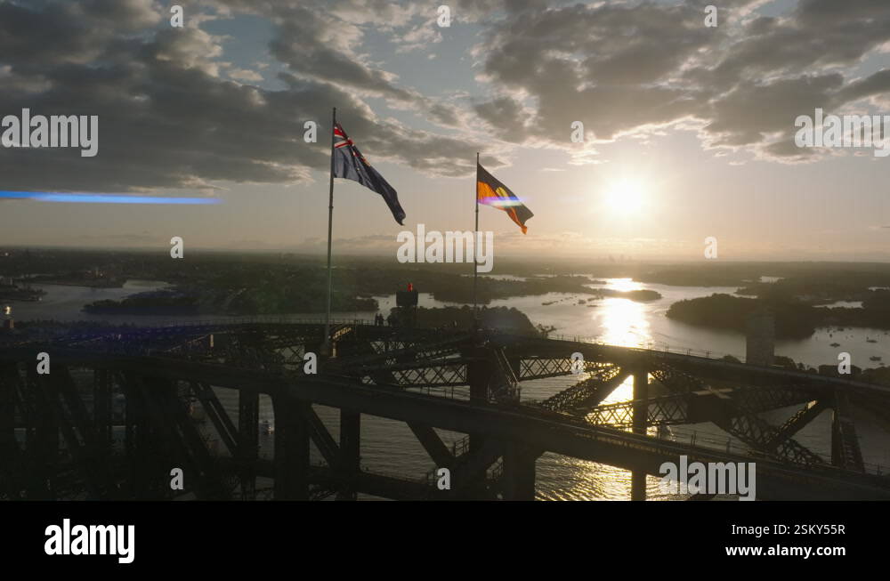 Australian and Aboriginal Flag on top of Sydney Harbor Bridge, Golden ...