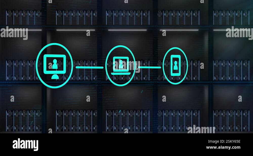 Animation of connections with icons over computer servers Stock Video ...