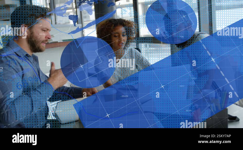 Animation of infographic interface and map over diverse coworkers ...
