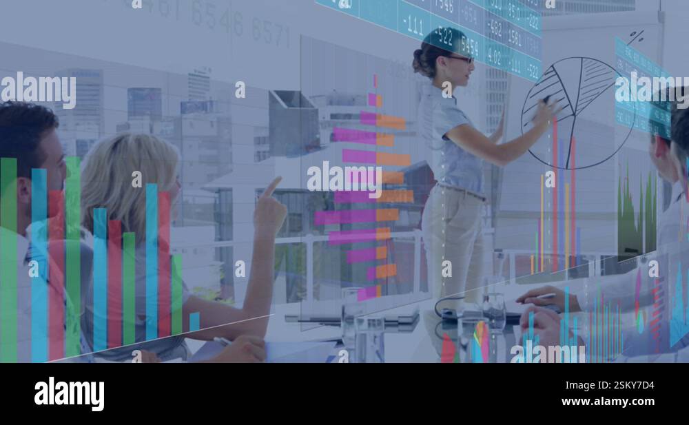 Animation of multicolored graphs, number charts, over diverse female ...