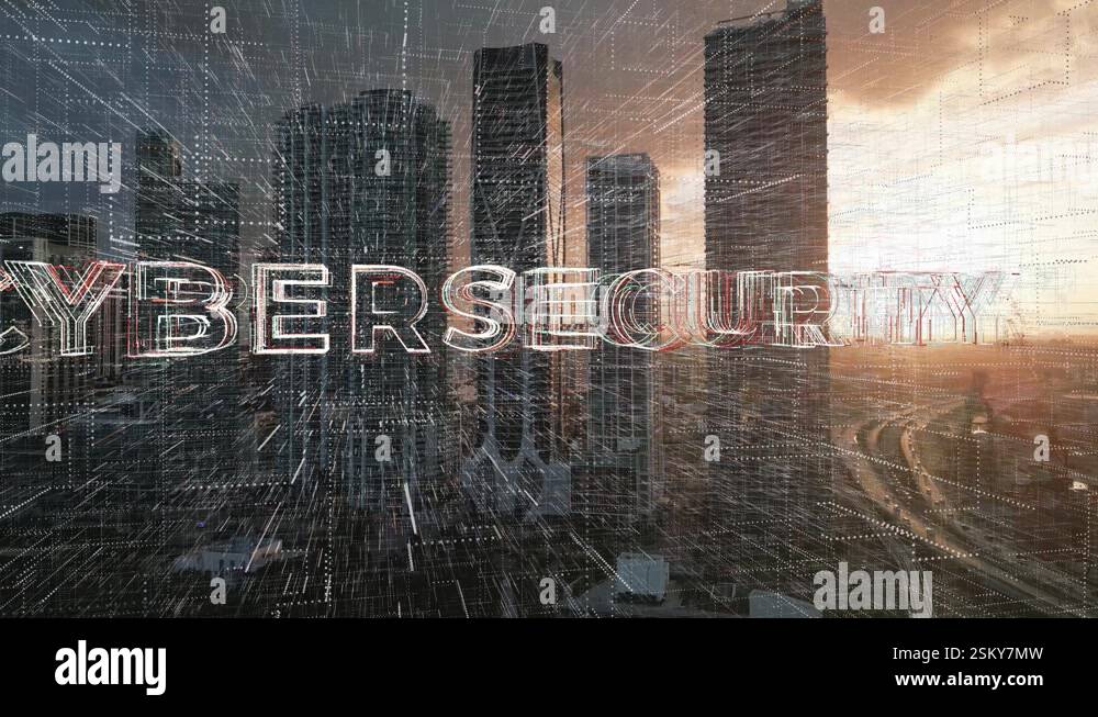 Cyber Security animation logo with aerial skyline of modern smart city ...