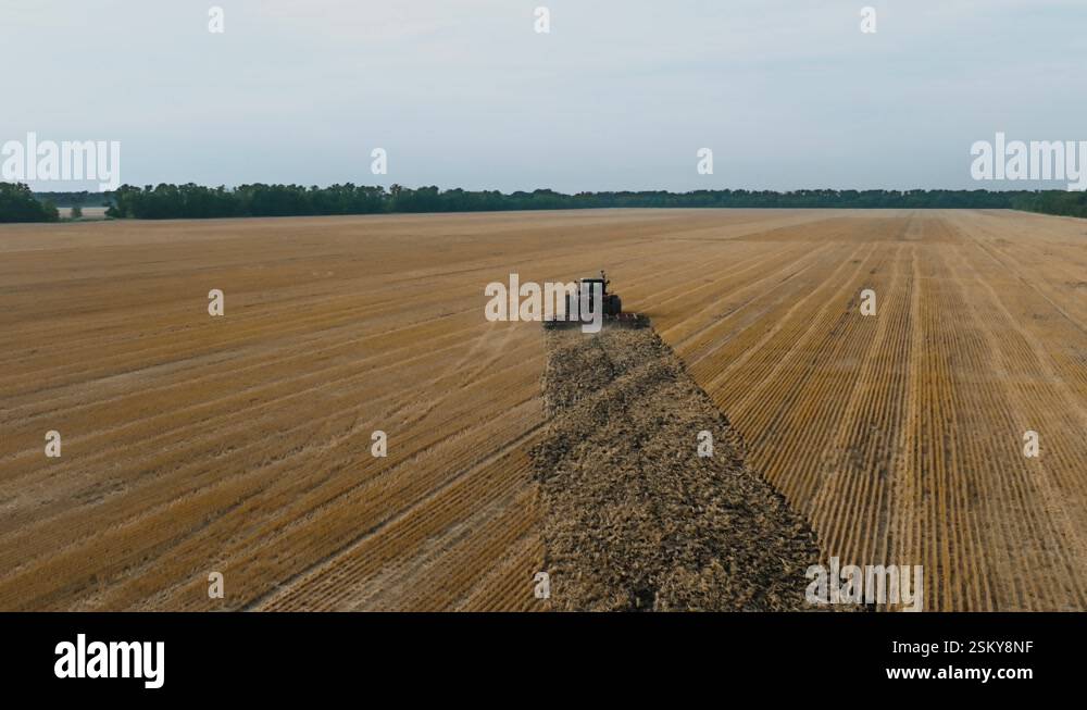 Disking the field. Big red Tractor cultivating land of Disc Harrow ...
