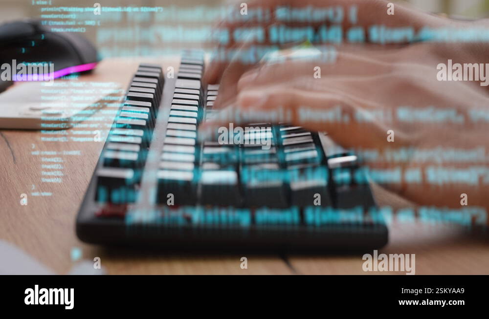 Male hands typing on pc with flying blue code hologram Stock Video ...