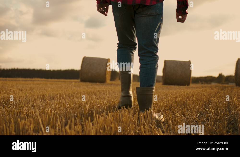 Farmer male feet in clean rubber boots walk across dry earth in field ...