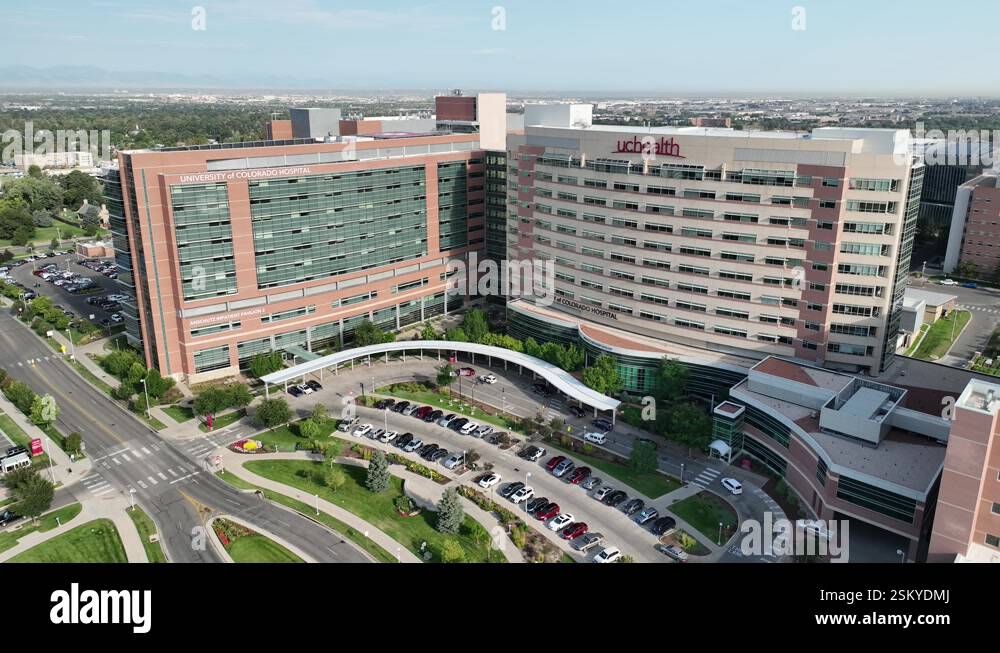 Aurora UCHealth Anschutz Inpatient Pavilion, arcing aerial view of ...