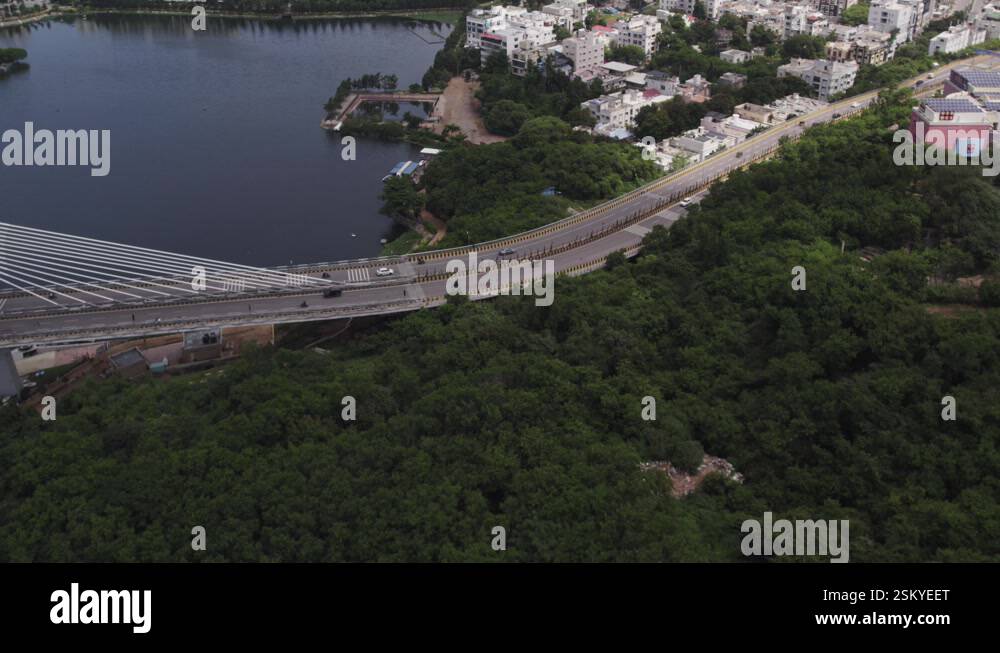 Drone shot of the Durgam Cheruvu Cable Bridge on the Durgam Cheruvu ...