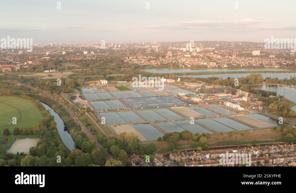 Establishing aerial shot over Coppermill Water treatment works London ...