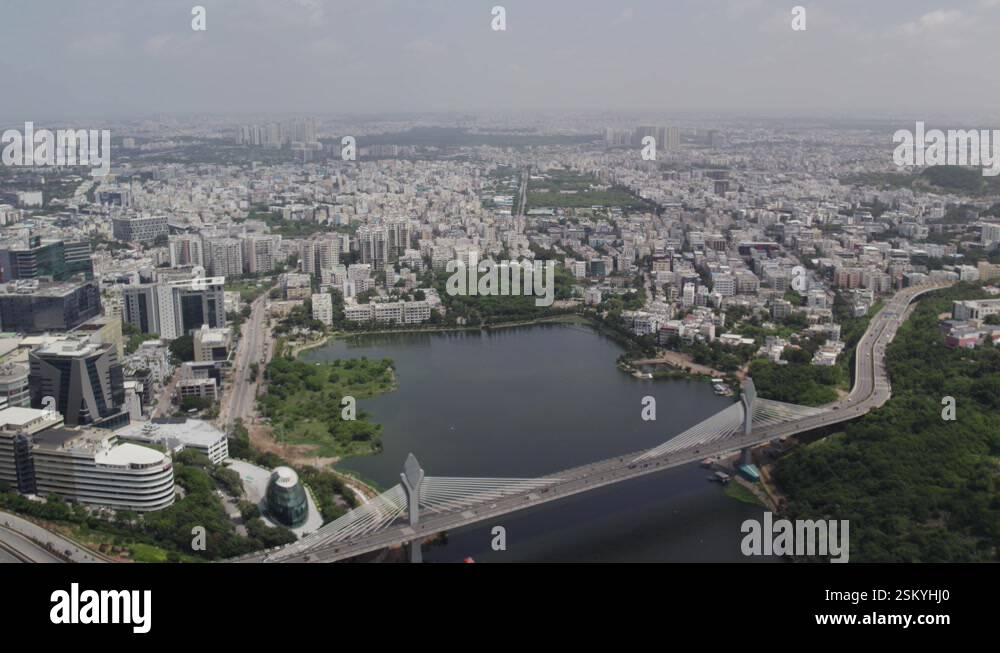Drone footage shows the Durgam Cheruvu Cable Bridge, which connects ...
