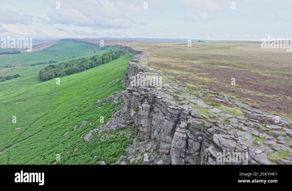 Panoramic aerial overview of Stanage Edge cliff face of grittstone on ...