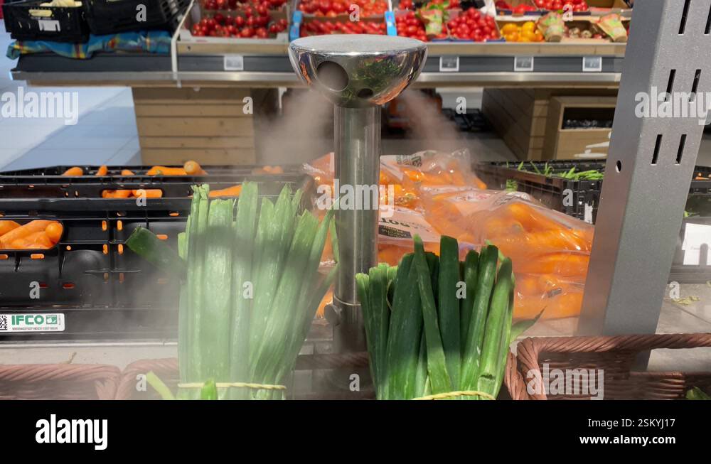 Vegetables being kept fresh in a shop by blowing cool air over them ...