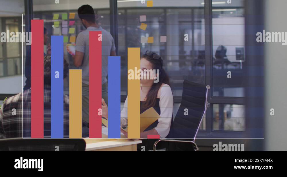 Animation of multicolored bar graph over diverse coworkers sharing ...